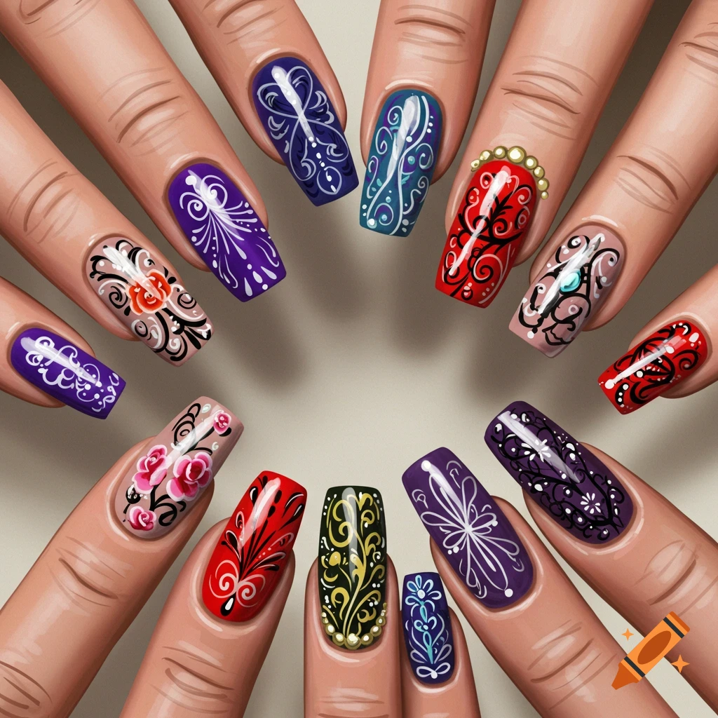 Multiple hands with intricate colorful nail art patterns on Craiyon
