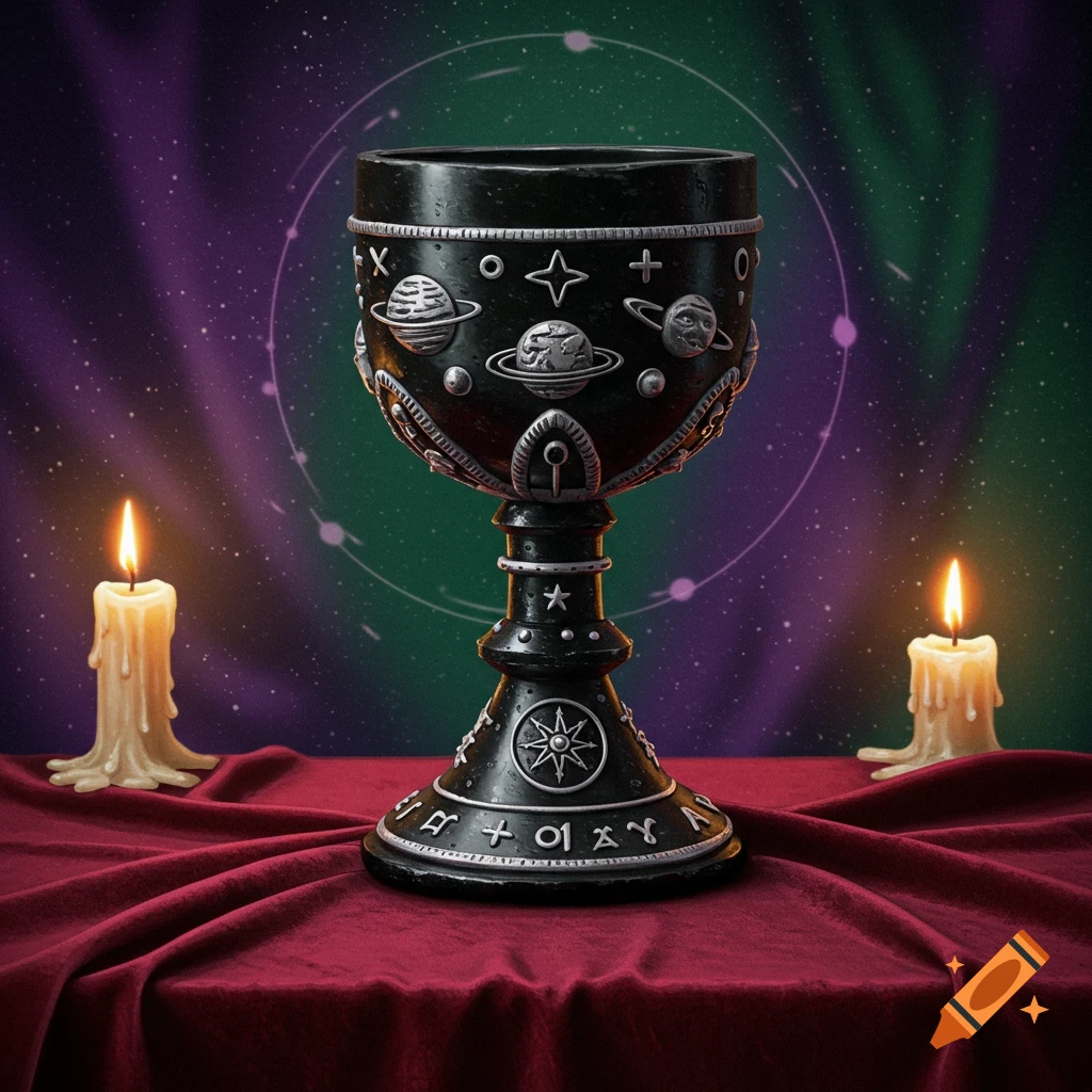 A detailed black occult goblet with celestial designs, flanked by lit ...