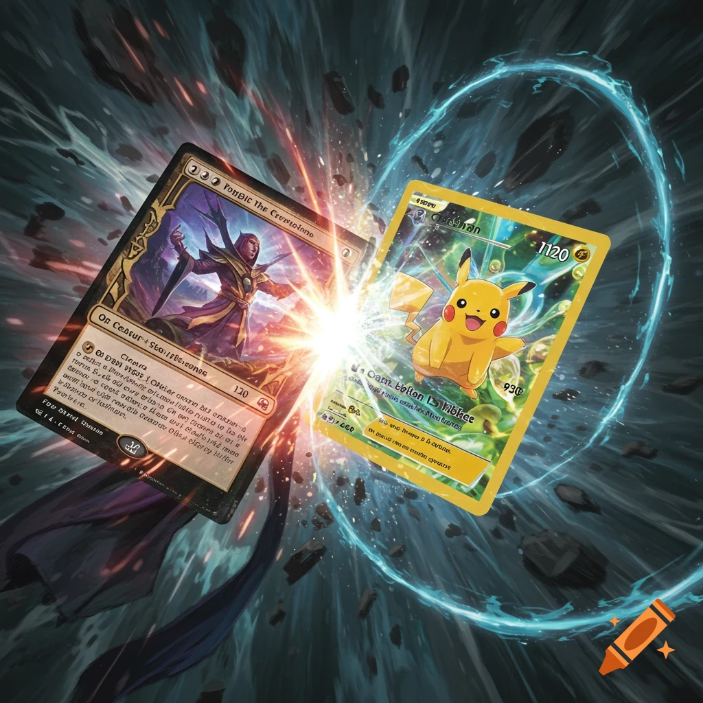 Magic the Gathering card colliding with a Pokemon card on Craiyon