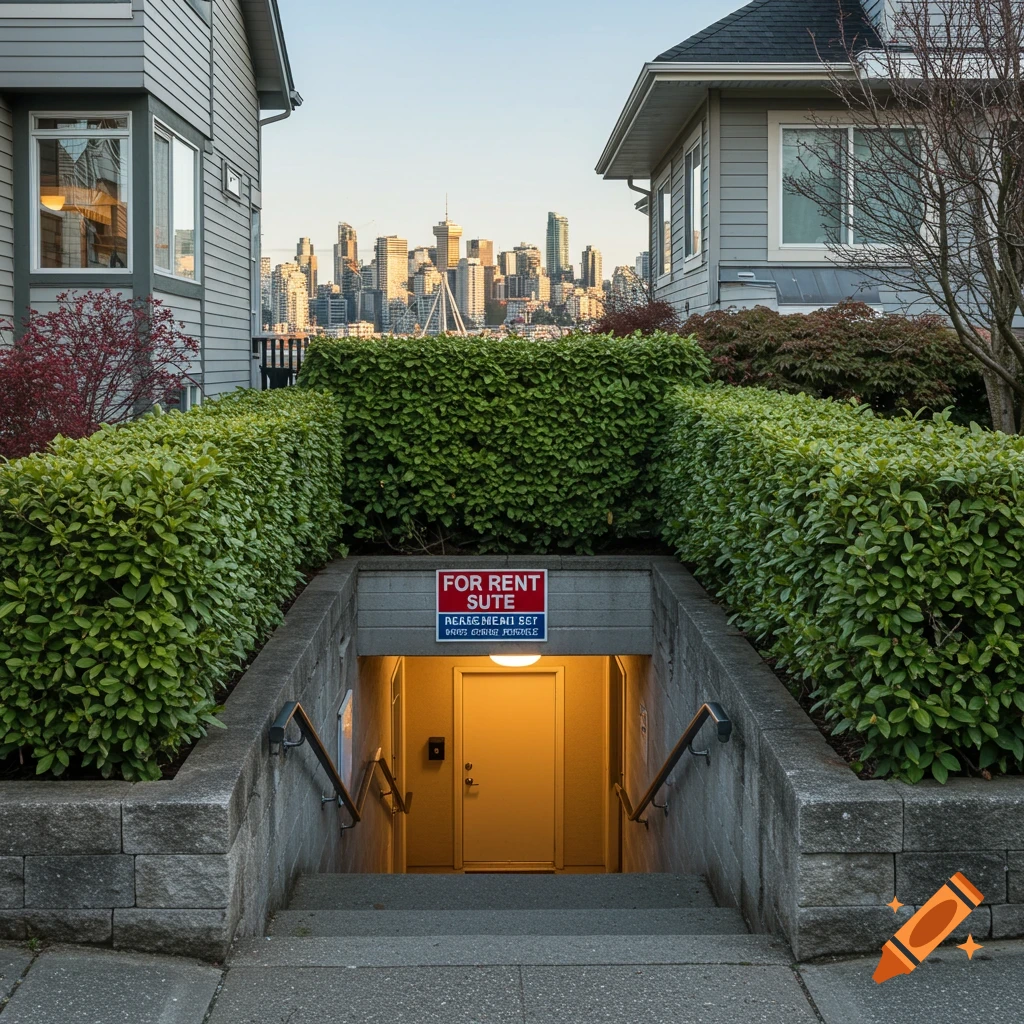 Vancouver house with basement suite entrance and 'For Rent' sign on Craiyon