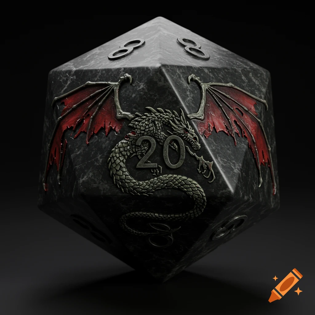 Close-up of a stone D20 dice with a red-winged dragon emblem, showing the number 20. on Craiyon