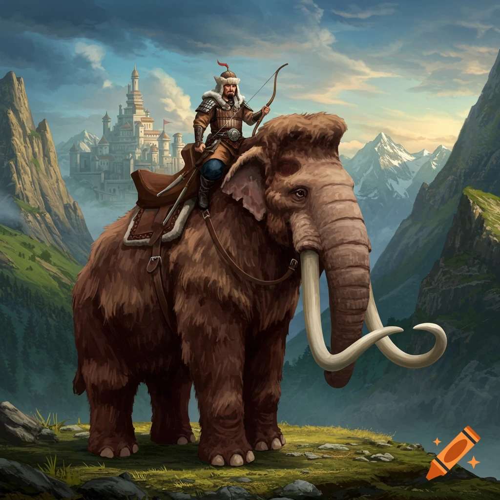 Mongolian warrior riding a woolly mammoth-elephant hybrid in a mountain ...