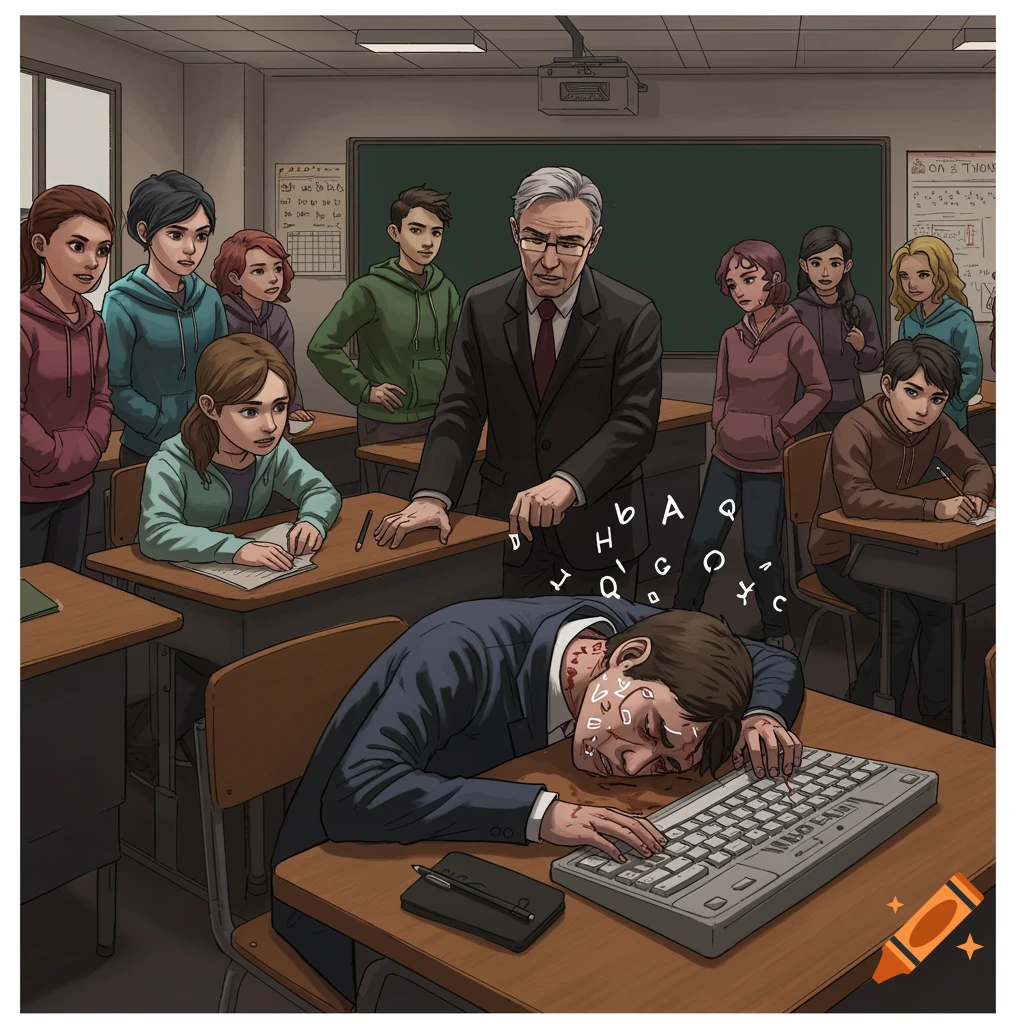 Storyboard of classroom scene with student asleep on keyboard, letters ...