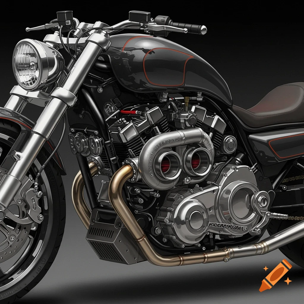 Close-up of a black Harley-Davidson motorcycle engine with shiny chrome ...