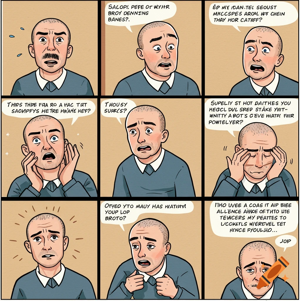 Comic strip of a man in denial about baldness on Craiyon
