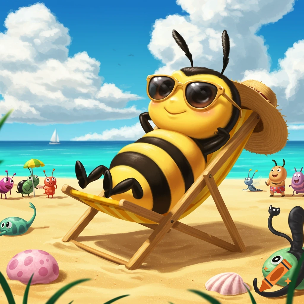 A cartoon bee in sunglasses relaxes in a beach chair on a sunny beach ...