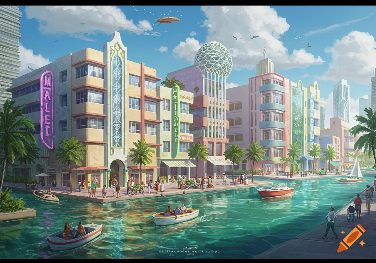 A futuristic Miami cityscape with canals, boats, people, and Art Deco ...