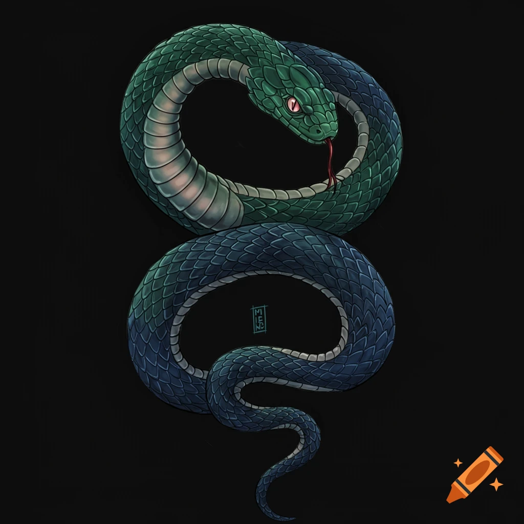 A green and blue snake forms an Ouroboros symbol on a black background ...