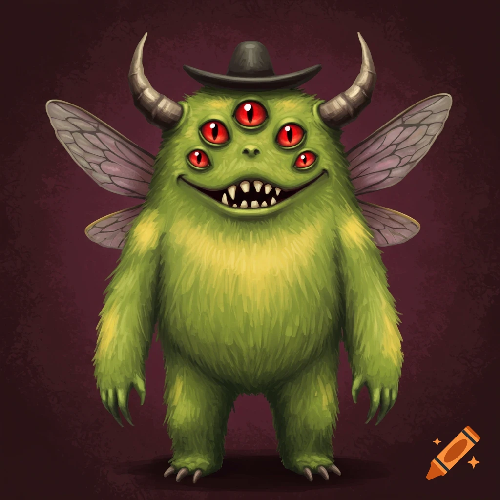 Green and yellow furry monster with insect wings, horns, and missing ...