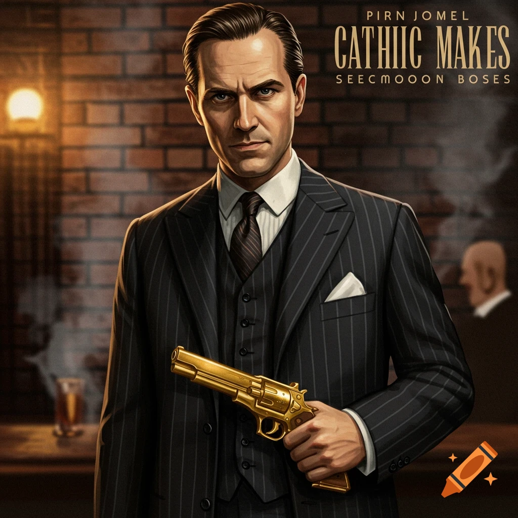 A man in a pinstripe suit holding a golden gun in a dark room on Craiyon