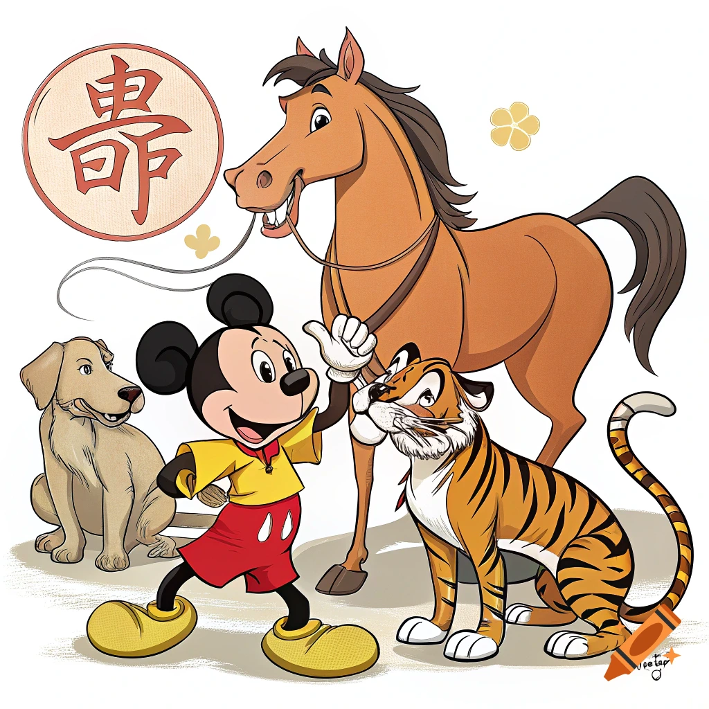 Cartoon of Mickey Mouse and animal zodiacs (dog, tiger, horse) with ...