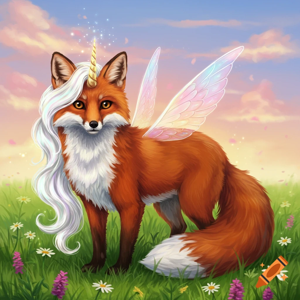 An orange fox and a white unicorn standing together in a magical forest ...