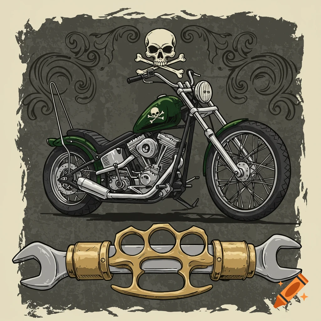 Motorcycle club patch artwork with wrench, chopper, skull, and brass ...