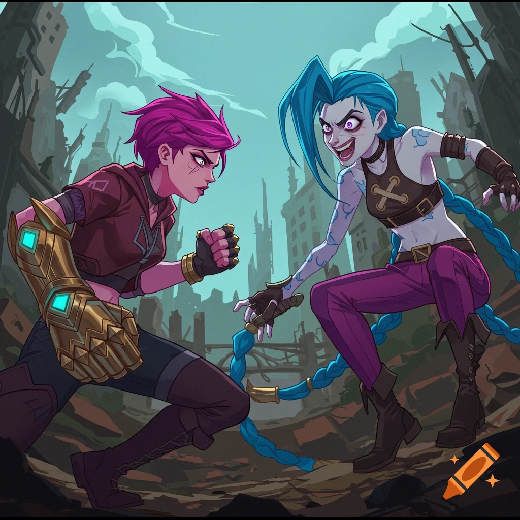 Illustration of Jinx and other characters at a food stall in a bustling ...