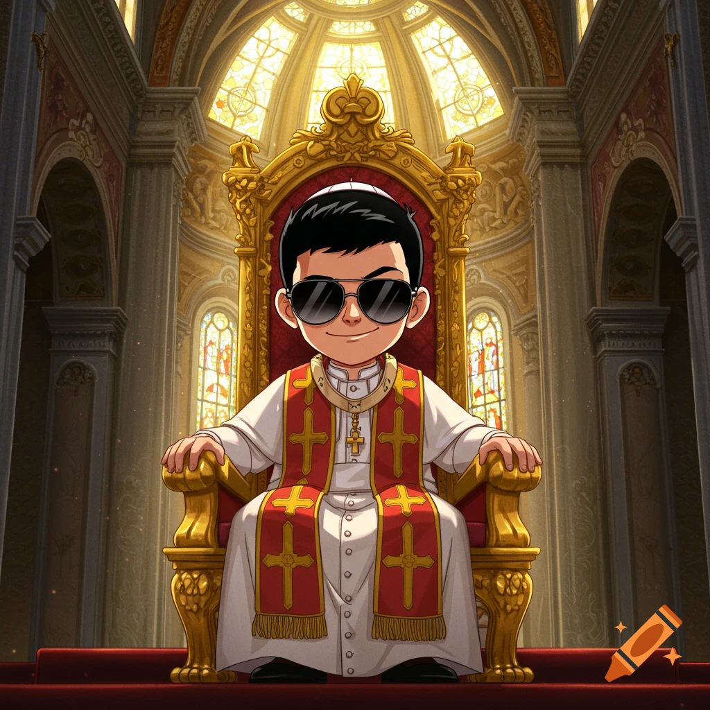 Animated young pope with black hair and sunglasses on throne on Craiyon
