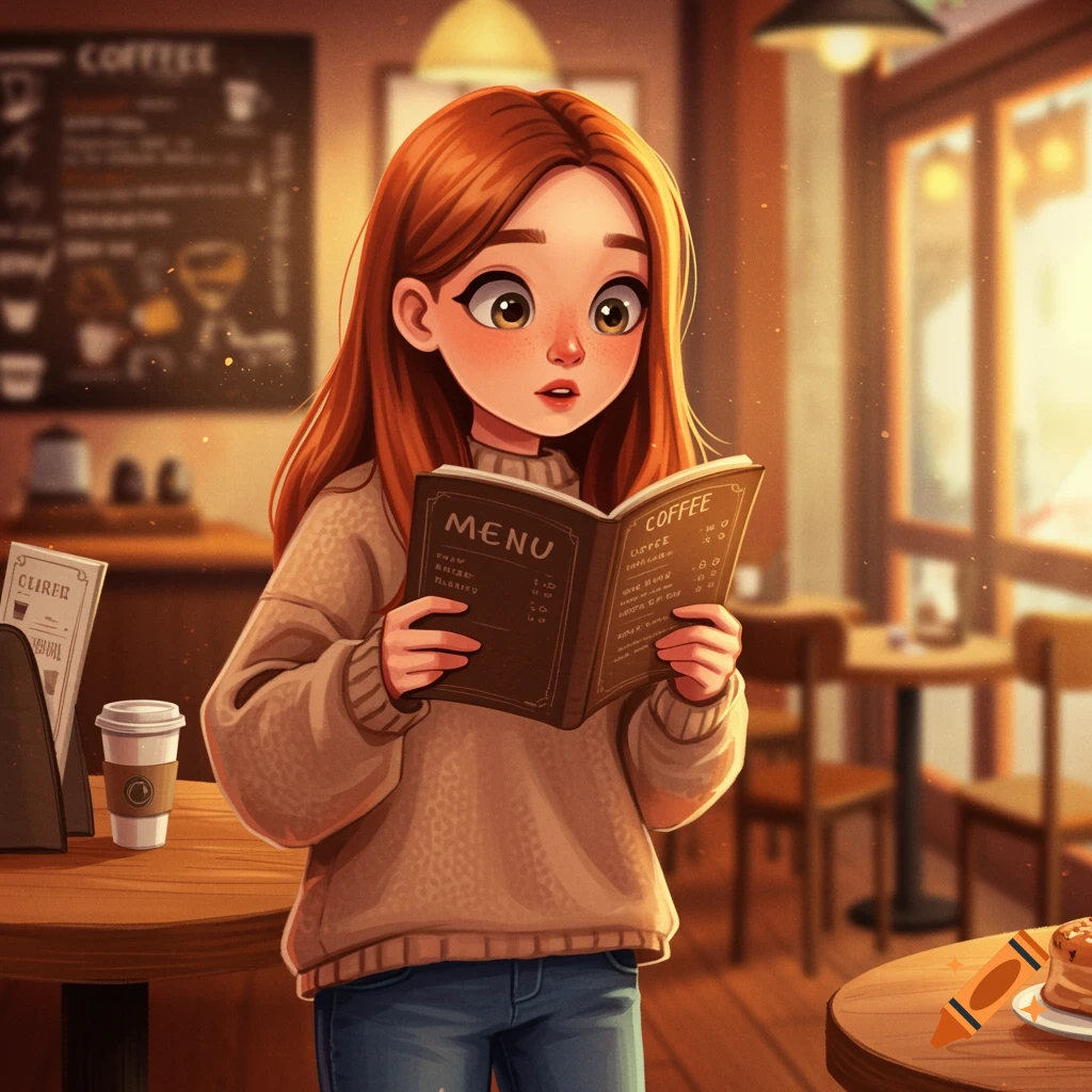 Illustrative portrait of a young girl reading a menu in a cozy coffee ...