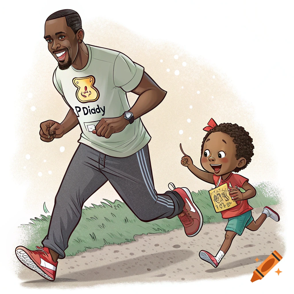 Black man resembling P Diddy in cartoon style chasing a child while ...