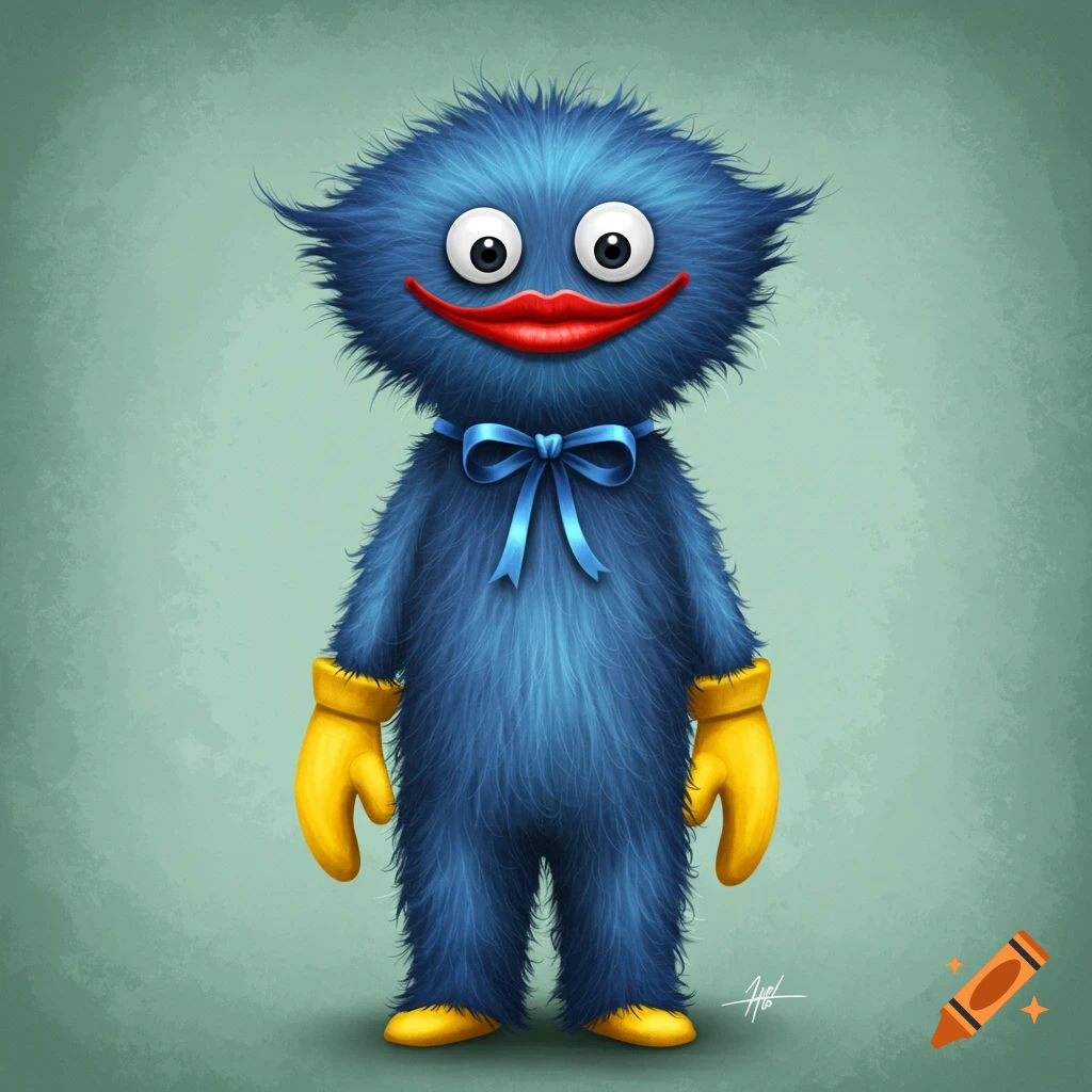 Tall blue creature with red lips and googly eyes, wearing a blue ribbon ...
