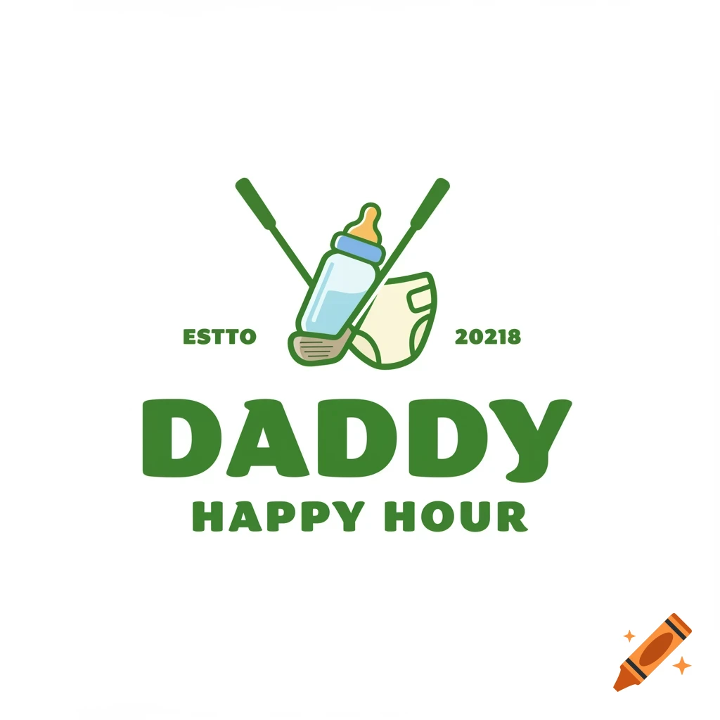 Daddy Happy Hour logo with golf clubs, bottle, and diapers on Craiyon