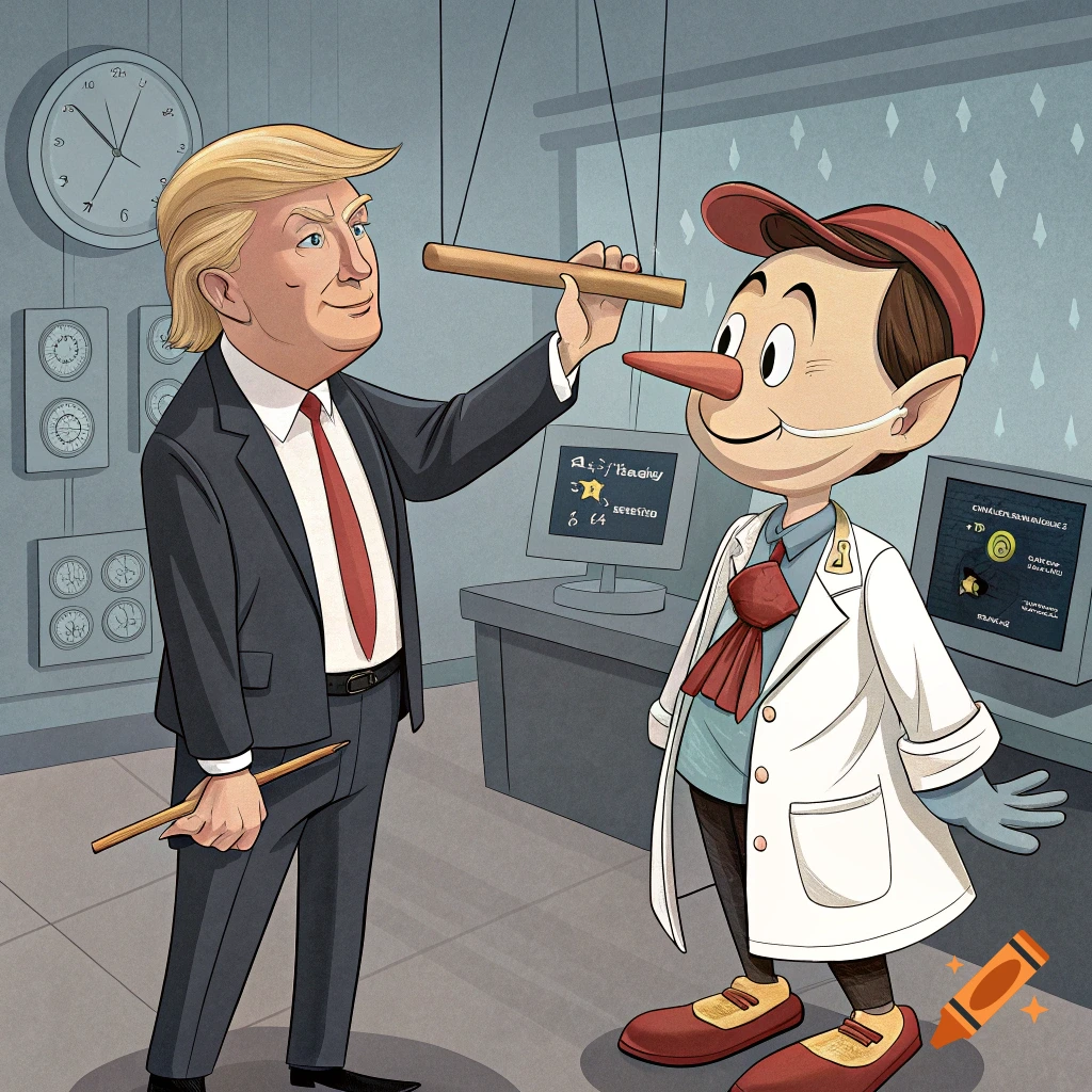 Donald Trump as Pinocchio and Elon Musk as Geppetto in a humorous ...