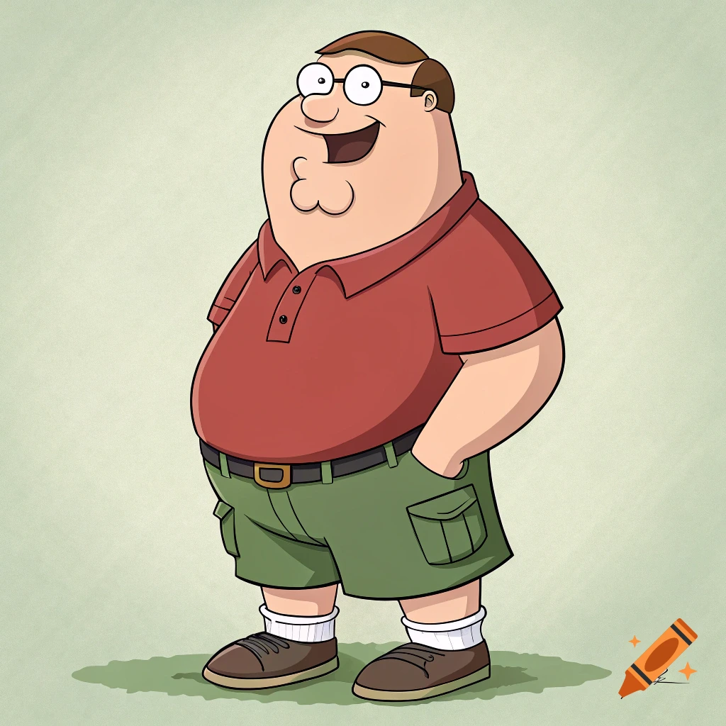 Cartoon character Peter Griffin stands smiling with hands in pockets ...
