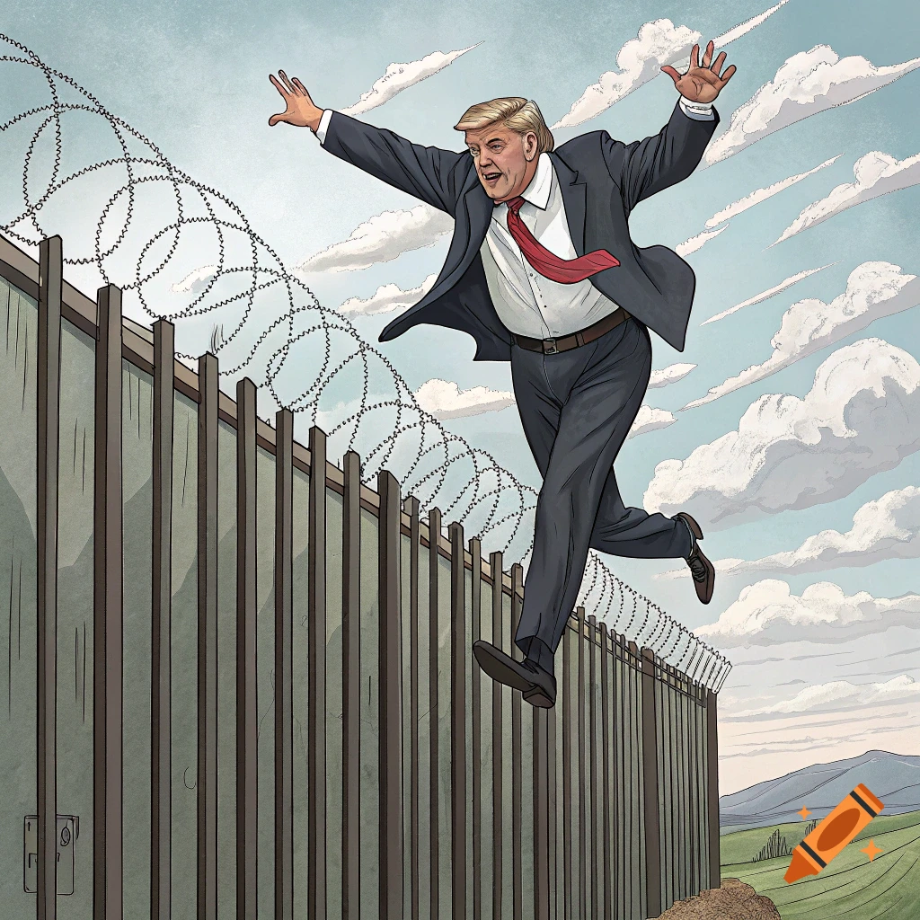 Illustration of Donald Trump jumping over a border fence topped with ...