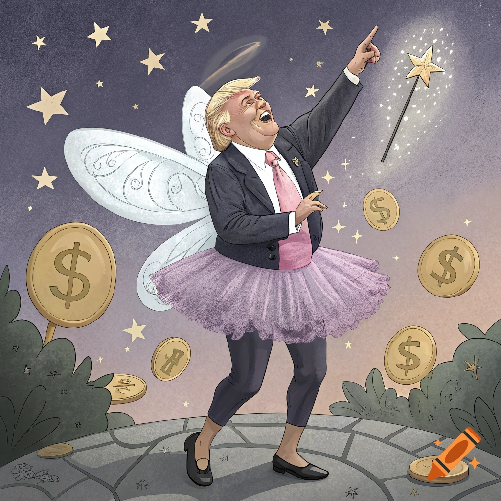Cartoon illustration of Donald Trump dressed as a fairy with wings ...