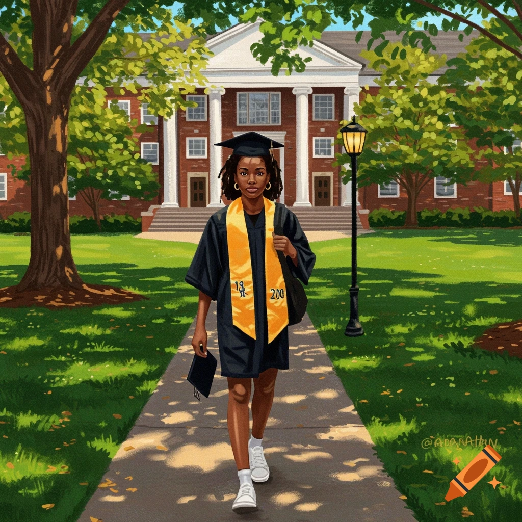 A young woman in graduation cap and gown walks on a university campus ...