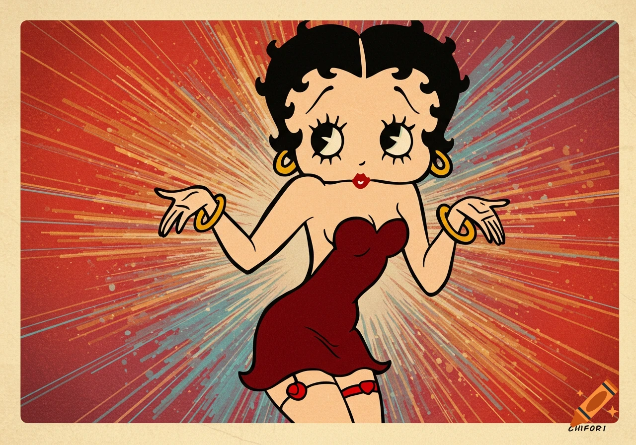 Cartoon Betty Boop in a red dress sitting on giant red high heels in a city street. on Craiyon