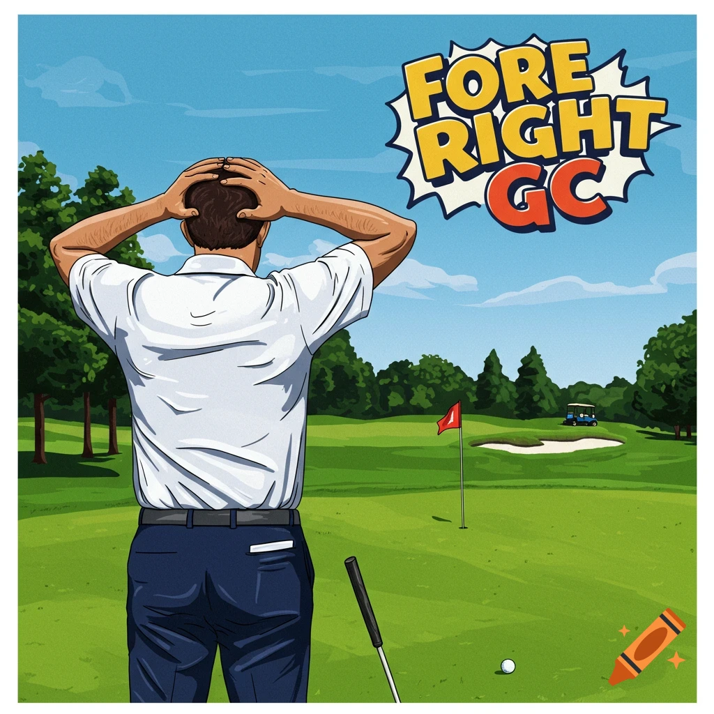 Golfer holding head with 'fore right gc' text on Craiyon