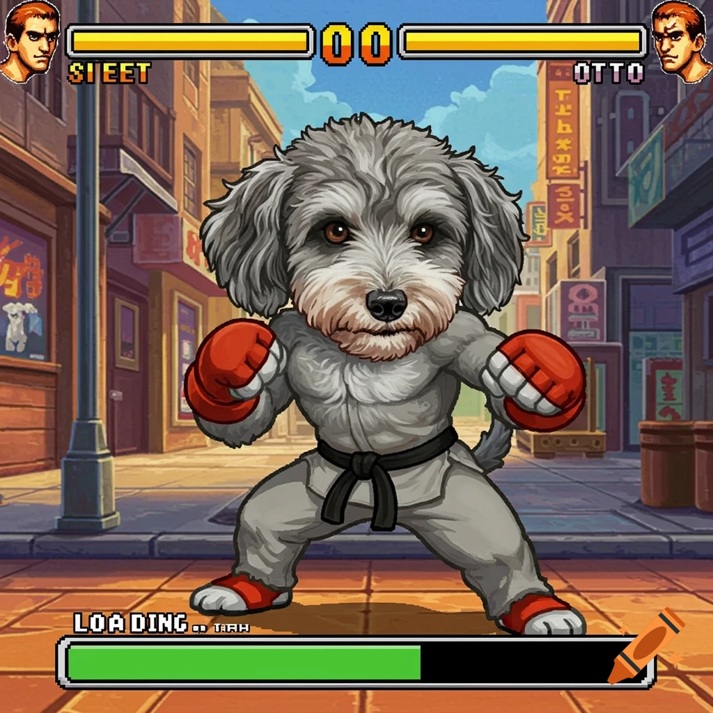 A schnoodle dog in a gi and boxing gloves in a fighting pose on a pixel ...