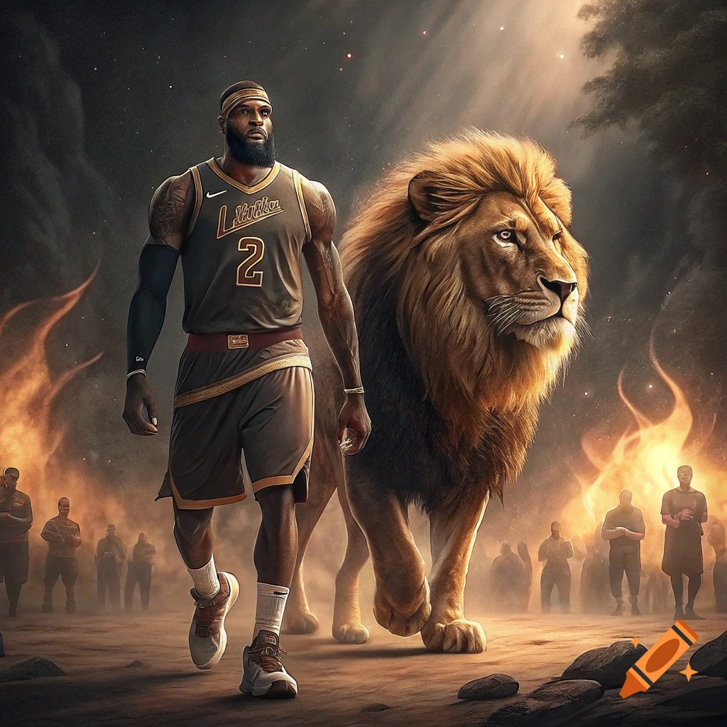 LeBron James with lion in epic fantasy scene on Craiyon