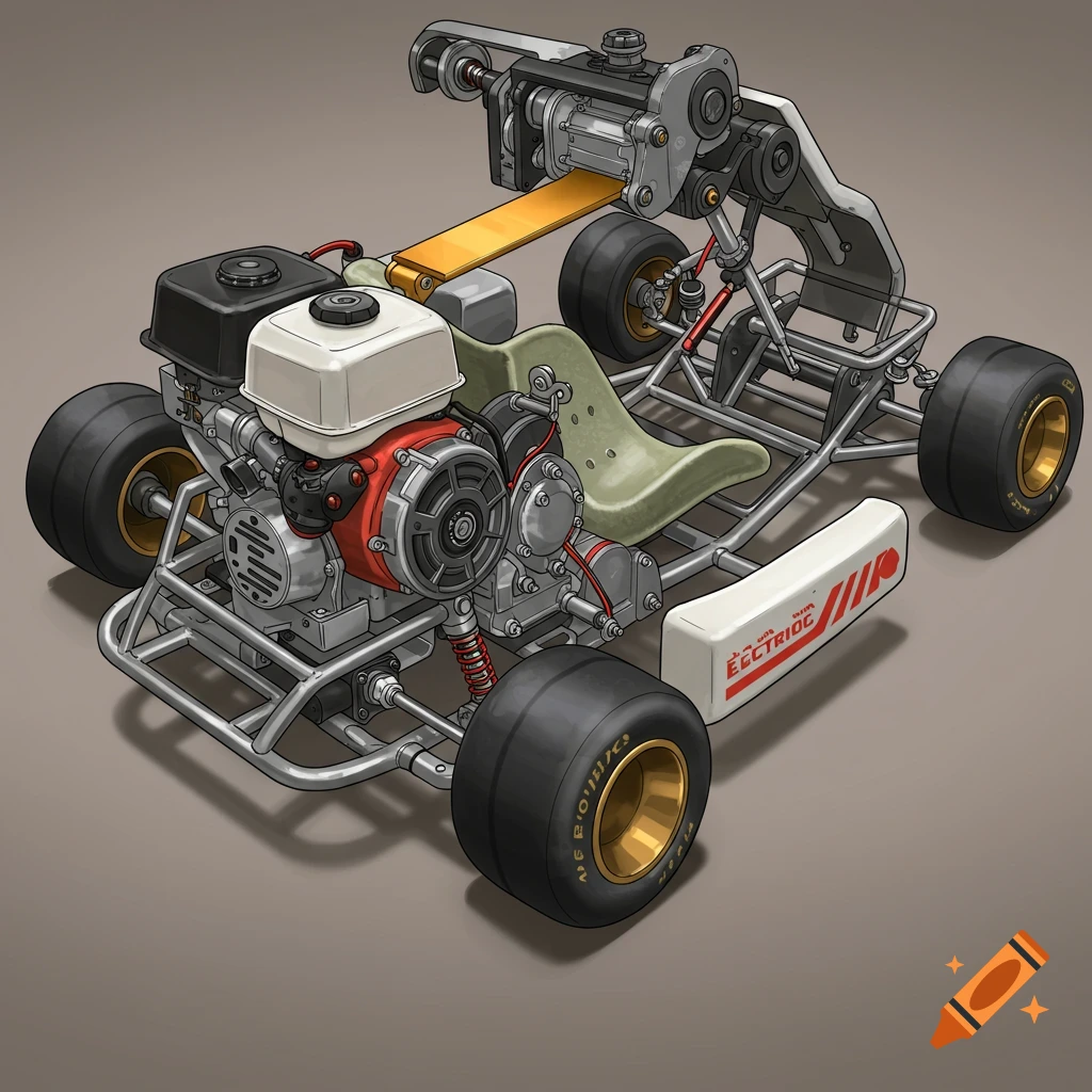 A detailed technical illustration of a go-kart with both gas and ...