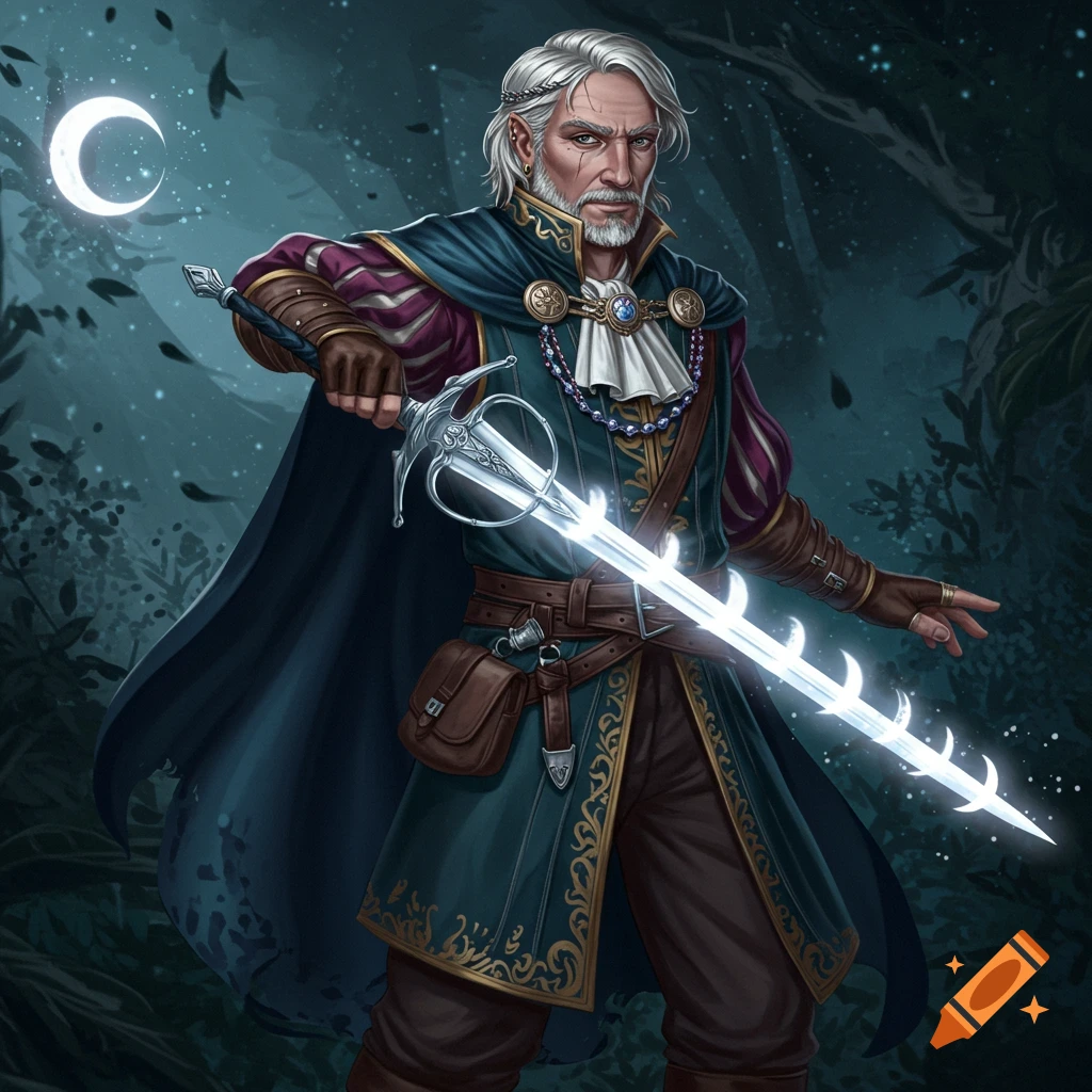 Middle-aged bladesinger with moonblade rapier in noble attire on Craiyon