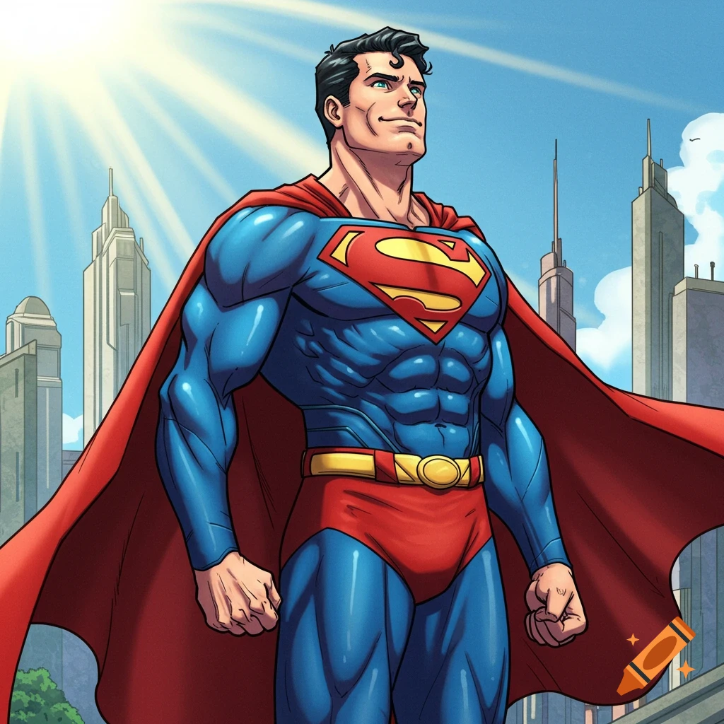 Superman flying upwards against a sunburst background. on Craiyon