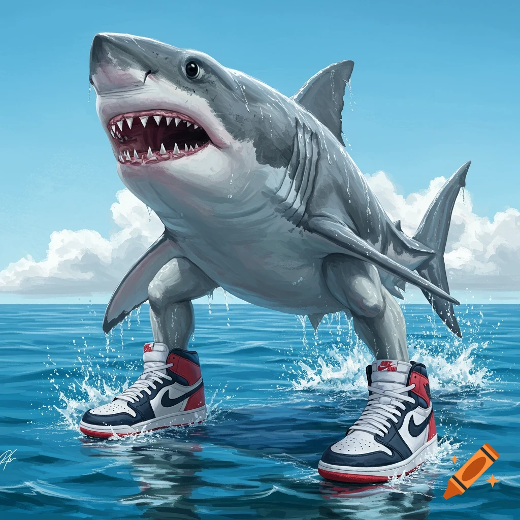 A shark with muscular legs wearing green sneakers on a sandy beach. on ...
