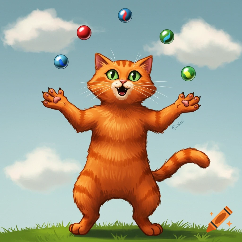 An orange cartoon cat stands on green grass juggling colorful marbles ...