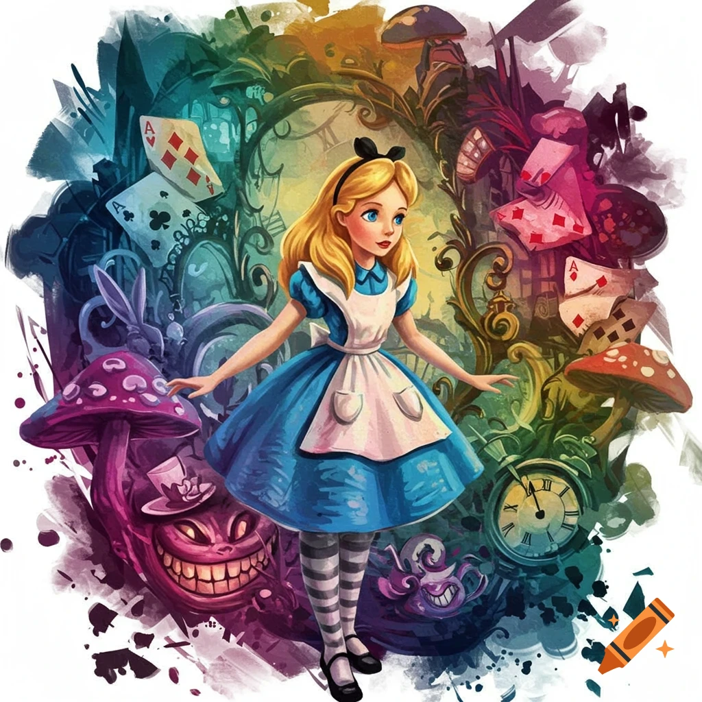Alice in Wonderland surrounded by characters and objects like the ...
