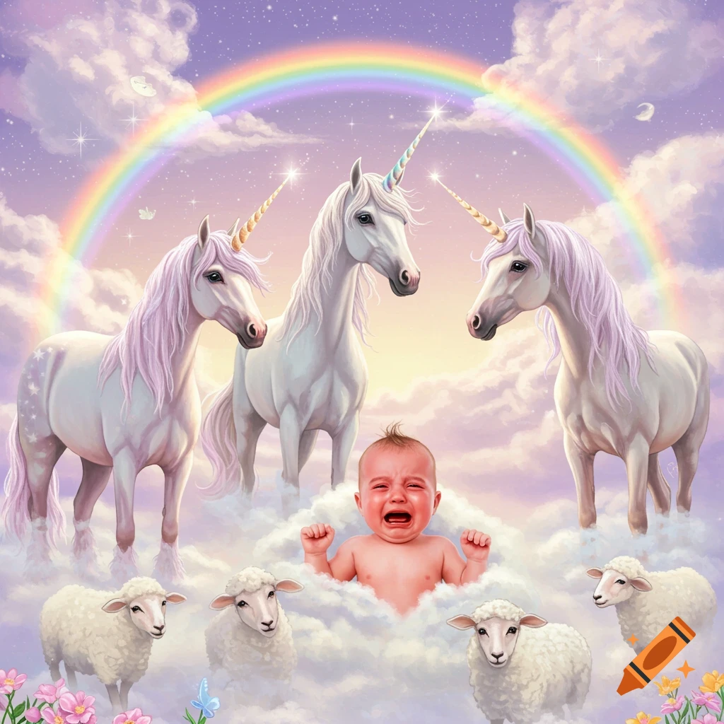 Unicorns, rainbows, and a crying baby on Craiyon