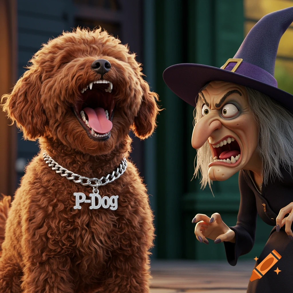 Cartoon dog with chain laughing at a witch on Craiyon
