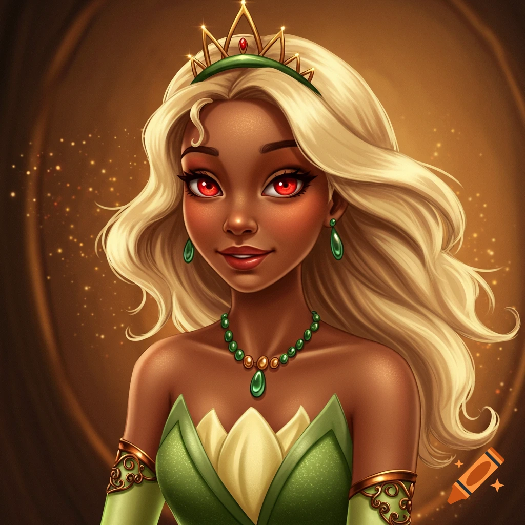 Princess Tiana with red eyes, blond hair, and mixed skin on Craiyon