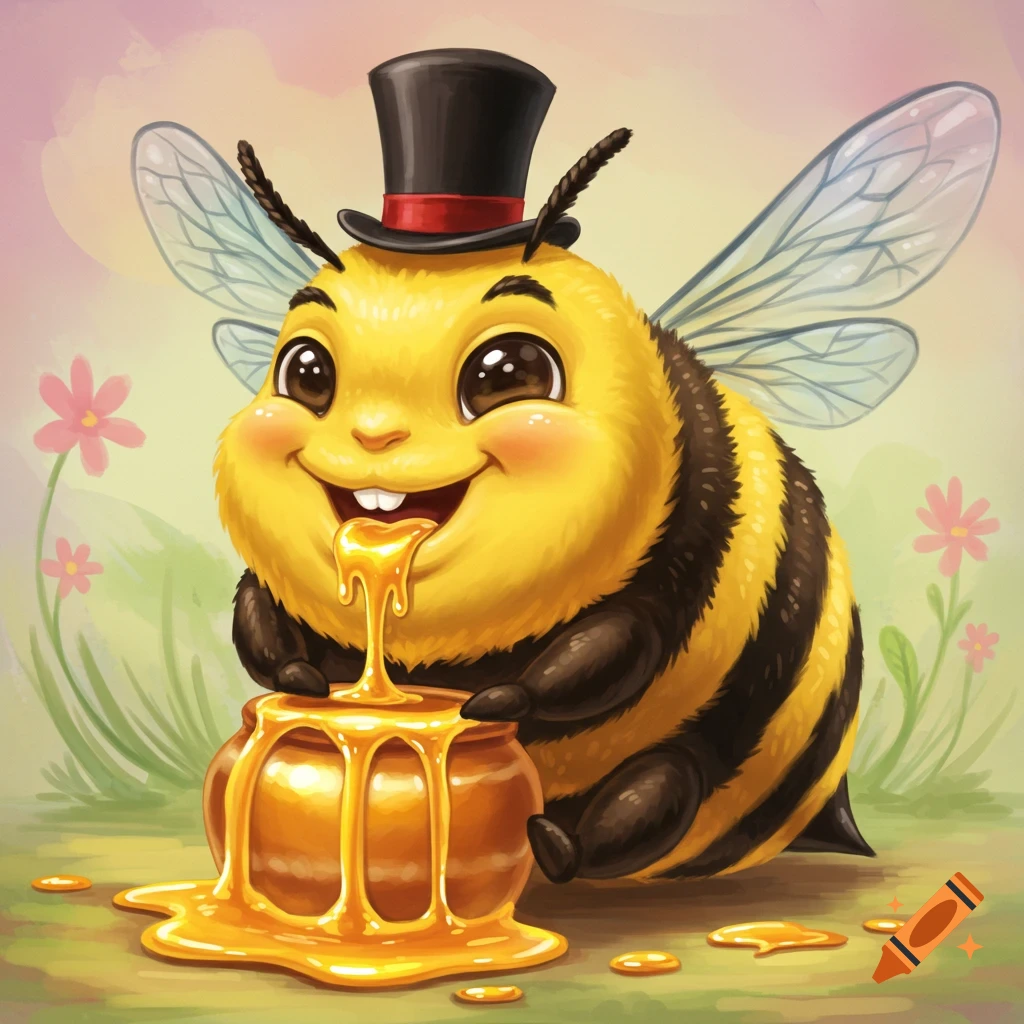 Cute cartoon bee in a top hat eating honey from a pot. on Craiyon