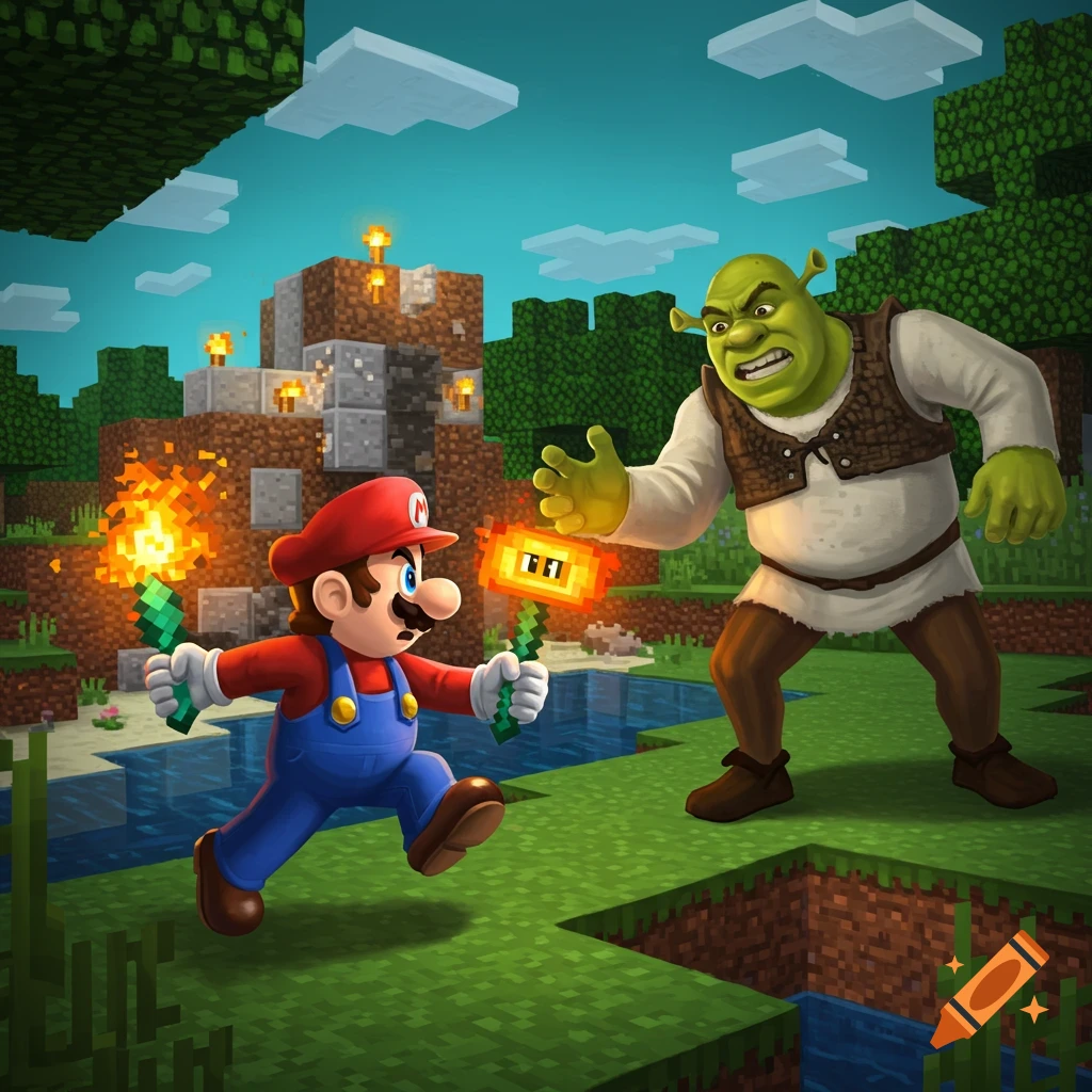 Super Mario fighting Shrek in a Minecraft world on Craiyon