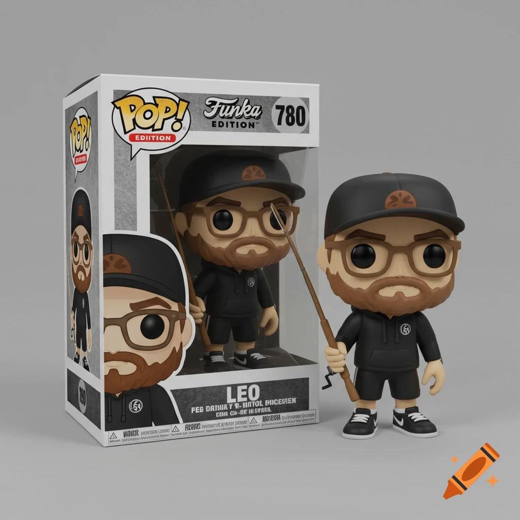 Funko Pop toy of Leo with fishing rod, 3D render on Craiyon