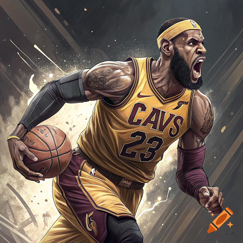 Illustration of basketball player LeBron James in a Cavaliers uniform ...