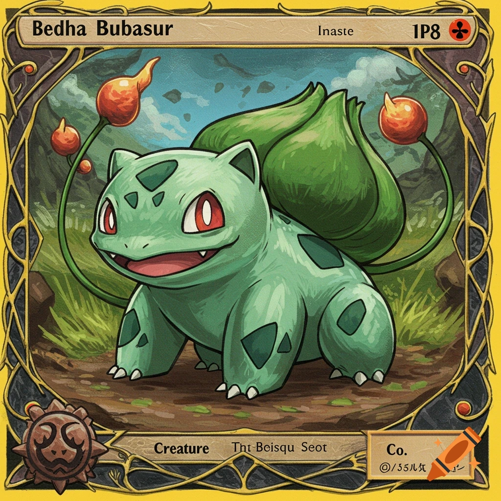 An illustration of Bulbasaur on a trading card, in a fantasy art style ...