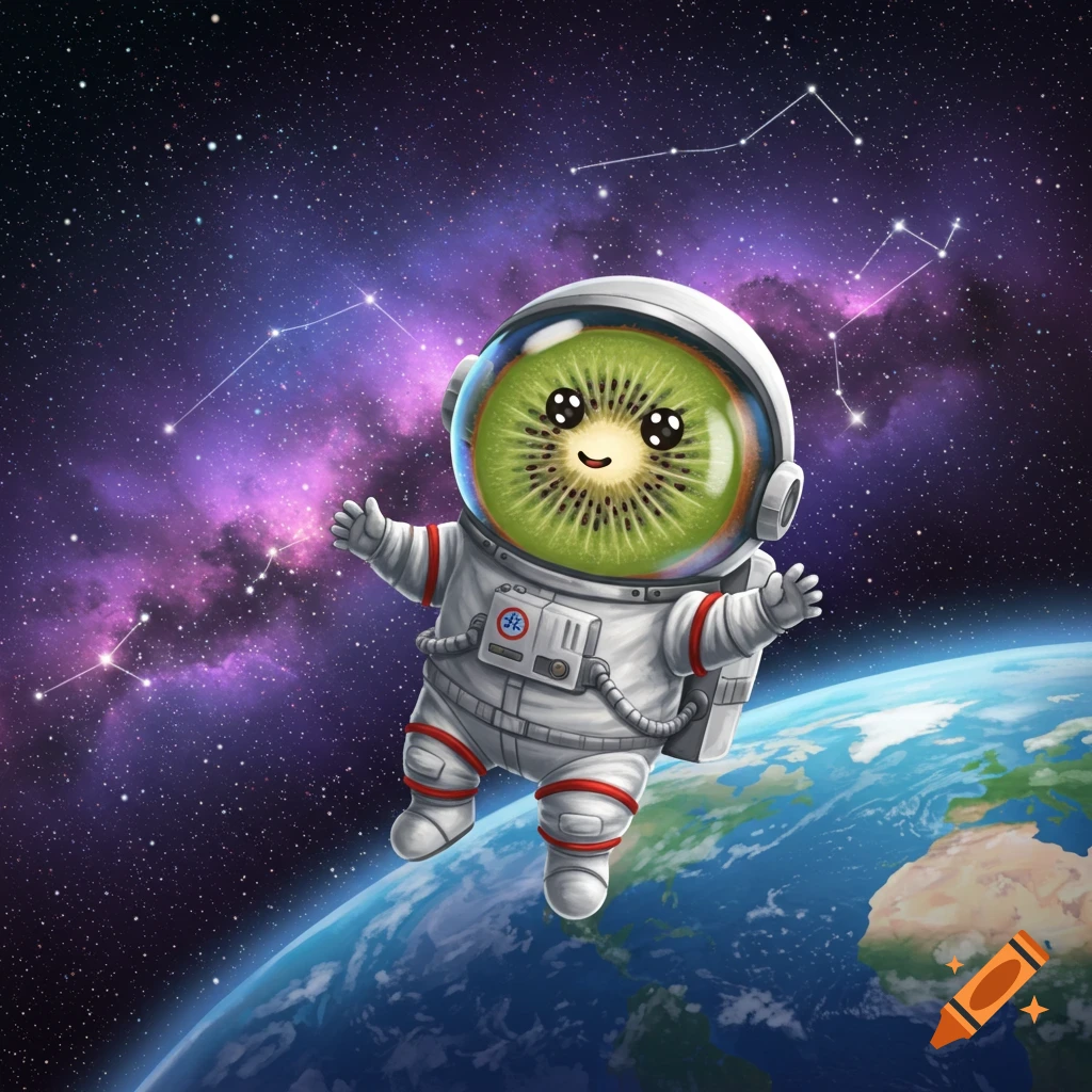A cute kiwi fruit character in an astronaut suit floating above Earth ...