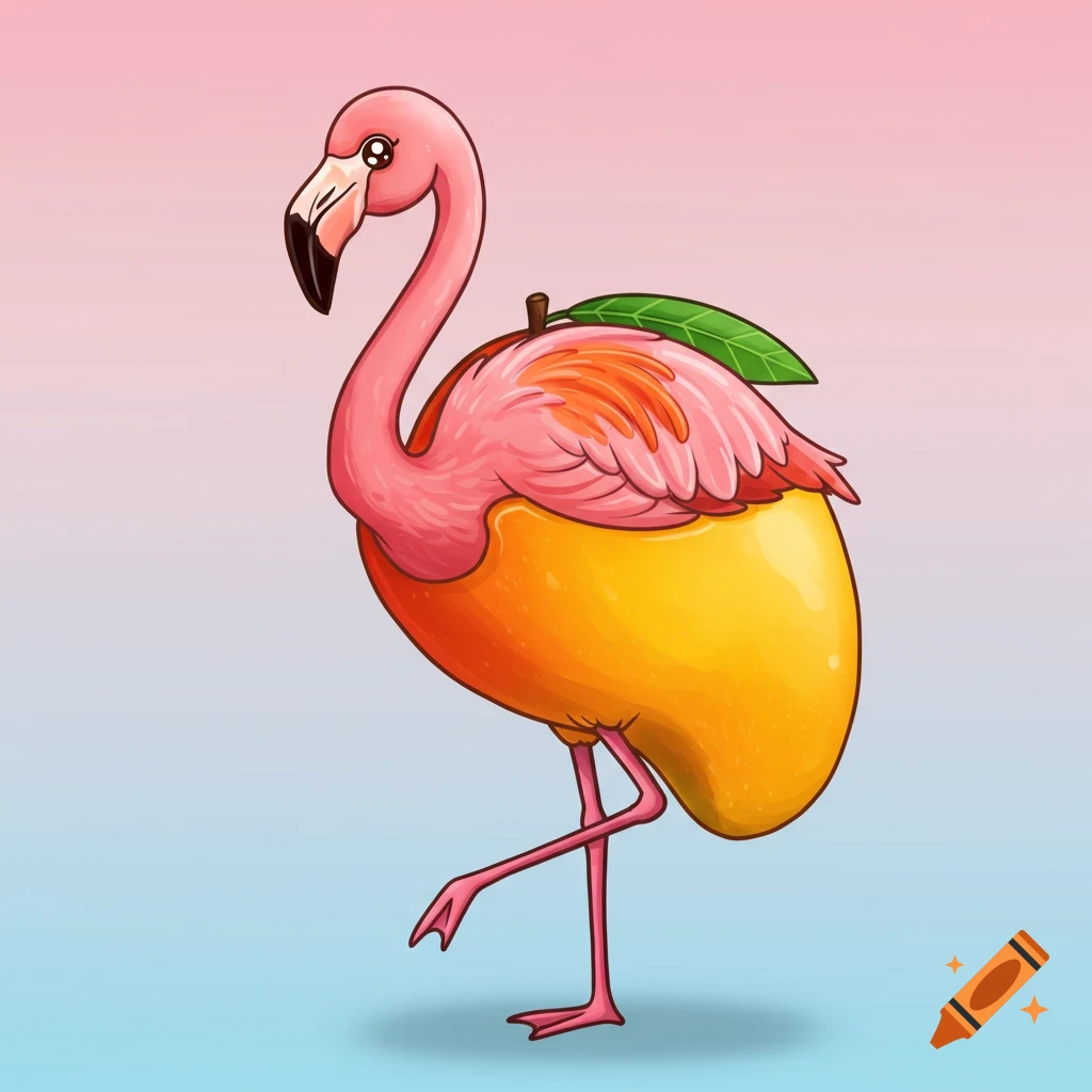 A cartoon flamingo with a mango for a body stands on one leg. on Craiyon