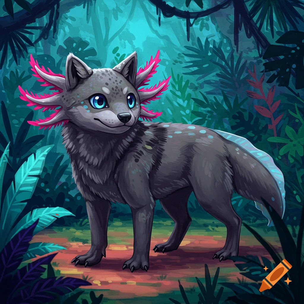 An axolotl dire wolf standing in a forest. on Craiyon