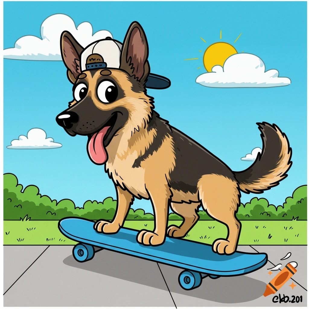 Cartoon German Shepherd wearing a cowboy hat and riding a skateboard ...